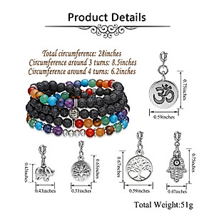 Jovivi 6mm Mala Beads 108 Lava Rock 7 Chakra Life Tree/Hamsa/OM/Lotus/Elephant Meditation Bracelet Necklace