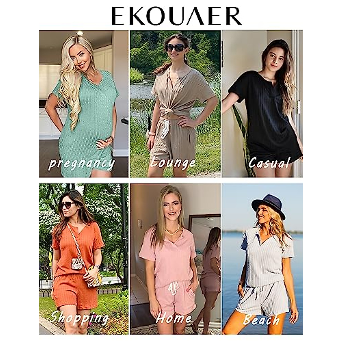 Ekouaer Ribbed Knit Lounge Sets for Women 2 Piece Outfits Short Sleeve Top and Shorts Pajama Sets Tracksuit Sweatsuits Grey