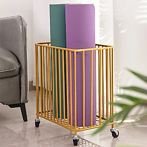Gold Square Yoga Mat Holder with Wheels, Steel Frame Yoga Mat Storage Basket, Exercise Equipment for Home Workouts, Space Saving Yoga Mat Racks