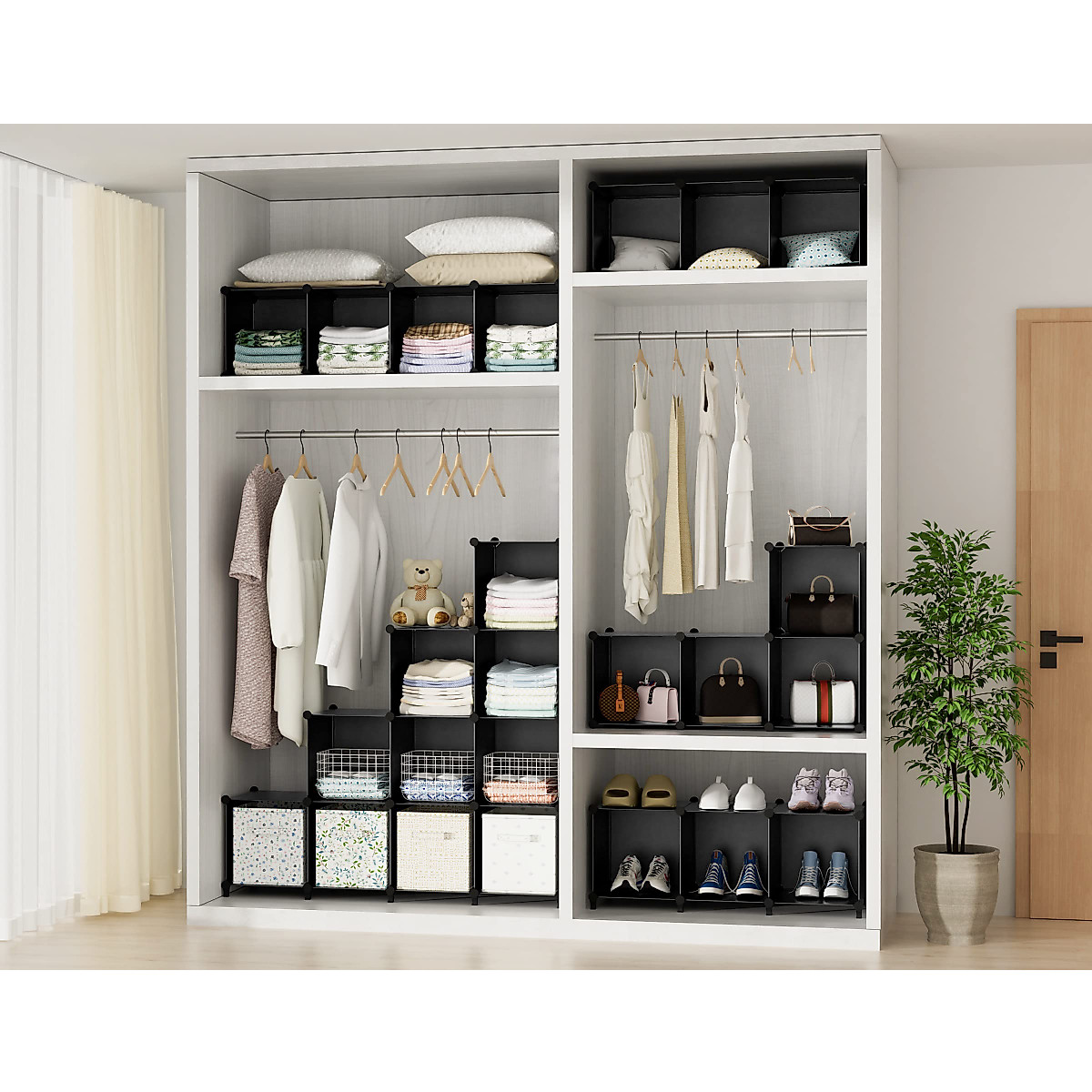 SIMPDIY Storage Modular Cubes 16 Cubes Black (124x124x30cm) Plastic Portable Organizer Bookshelf Shelf Rack