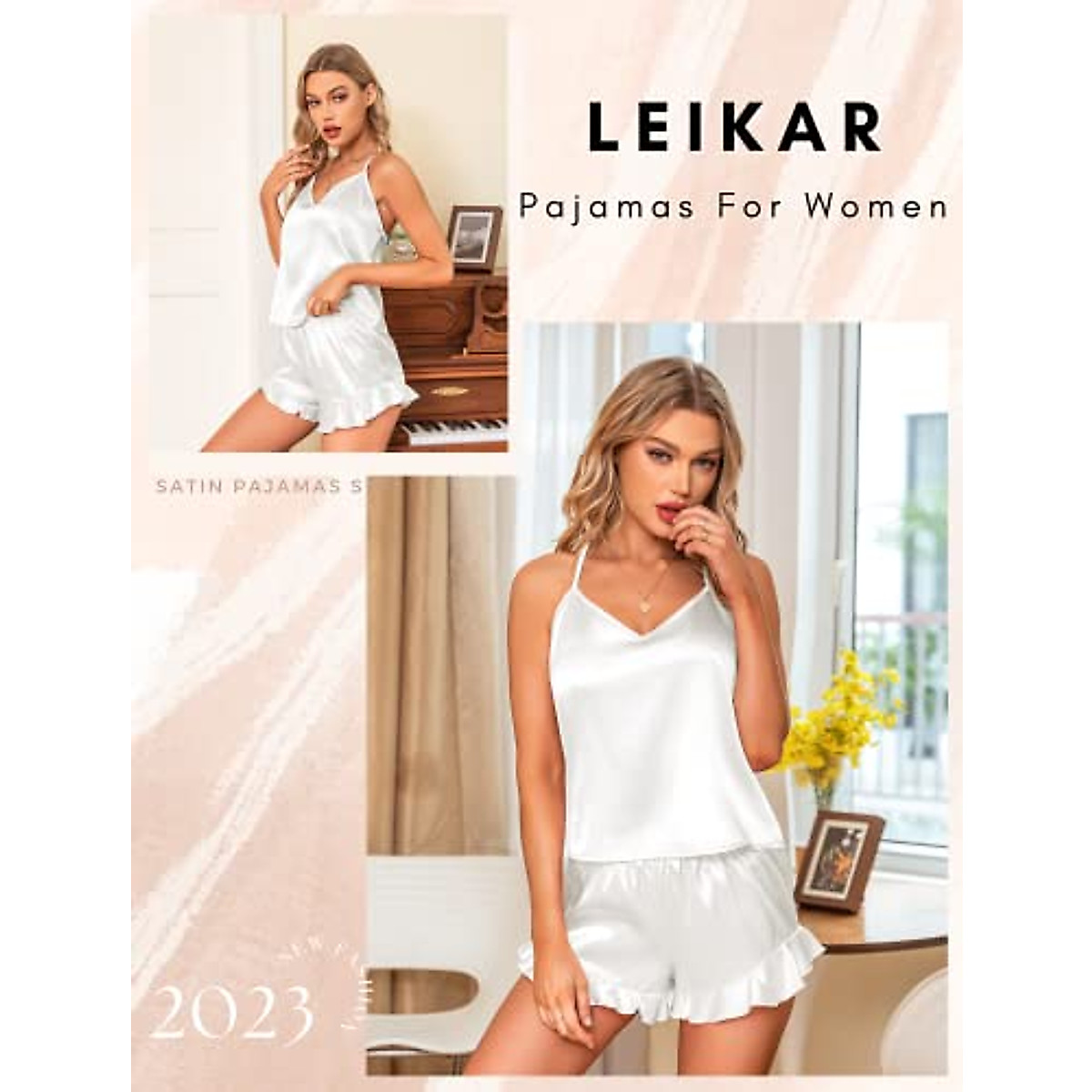 Leikar Silk Pajamas For Women Cute Cami Pajamas Sexy Satin Sleepwear White