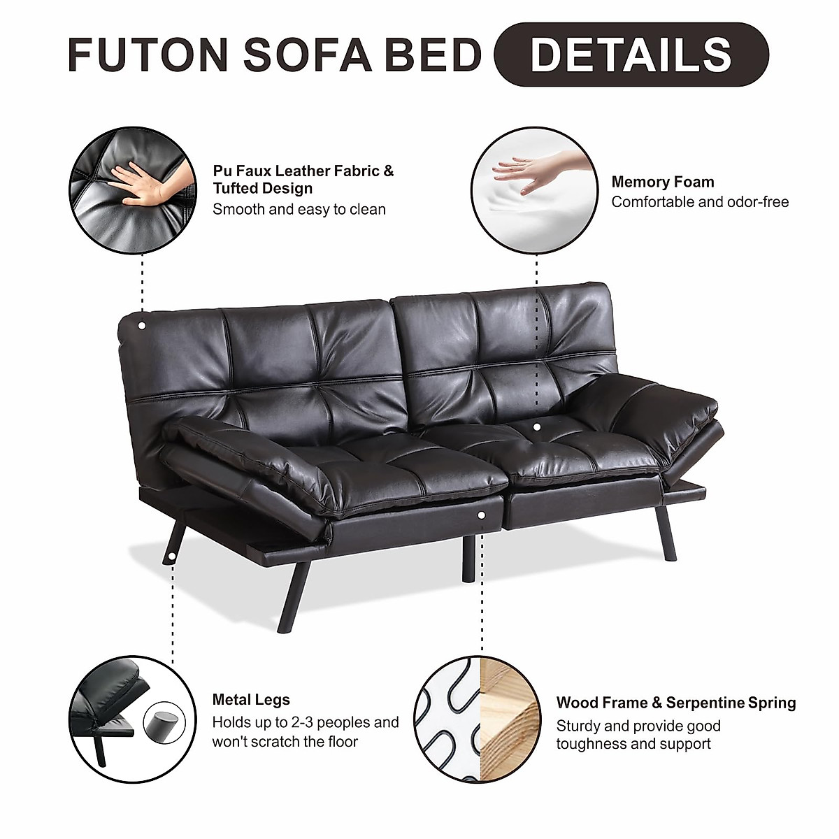 MUUEGM Futon Sofa Bed Memory Foam Convertible Couch Sleeper,Modern Faux Leather Love Seat for Living Room Small Space Apartment Office,Adjustable Backrest Armrest,71" Sofabed, Black-New