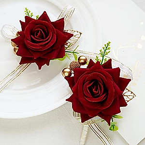MYQNS Wrist Corsage and Boutonniere Set, Handmade Rose Boutonniere for Men Wedding, Bridal Bridesmaid Hand Flower Corsage Wristlet for Wedding Flowers Accessories Prom Suit Decor
