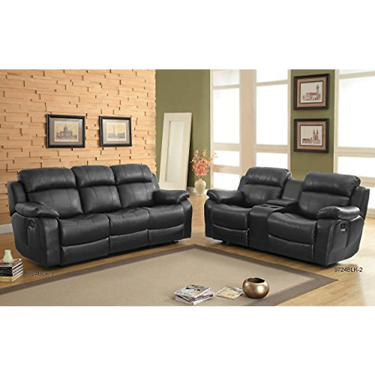 Homelegance Marille Reclining Sofa w/ Center Console Cup Holder, Black Bonded Leather