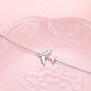 Airplane Sideways Choker Necklace S925 Sterling Silver Aircraft Jelwery Adjustable Chain 15+3 Inch for Women Lady, Best Gifts for Stewardess Flight Attendants (Choker)