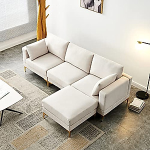 Eafurn Modular Sectional Reversible Chaise Lounge and Moveable Ottoman,Free Combination L Shaped Convertible, 3 Seat Upholstered Sofa & Couch for Living Room,Office, Beige