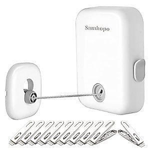 Samhopo Clothes Line Retracting Outdoors, Retractable Clothesline Indoor, Laundry Line with 10 PCS Clothespins, Heavy Duty Clothes Drying Line for Hanging Clothes