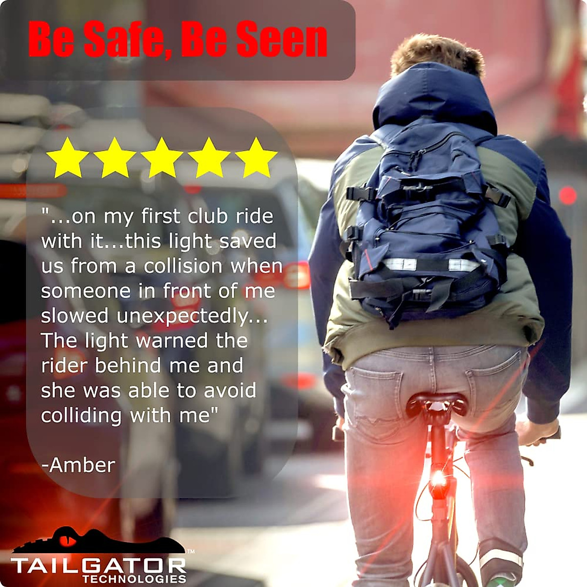 Tailgator Bike Rear Tail Brake LED Light - Accelerometer Brake Sensing Feature - Brightest Light at 300 Lumens - Rechargeable Battery Lasts Up to 60 Hours - Day/Night Visibility - Best Brake Light