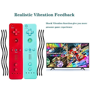 JTao-tec Wii Controller, 2 Packs Wii Controller and Wii Nunchuck for Wii and Wii U Console, with Silicone Case and Wrist Strap (Red + Water Blue)