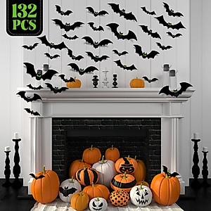 132 Pcs Halloween Bats Wall Decor with Glow in The Dark Eyes, Large Halloween 3D Bats Stickers Black Bats Decals Decorations Indoor, PVC Bats for Halloween Party
