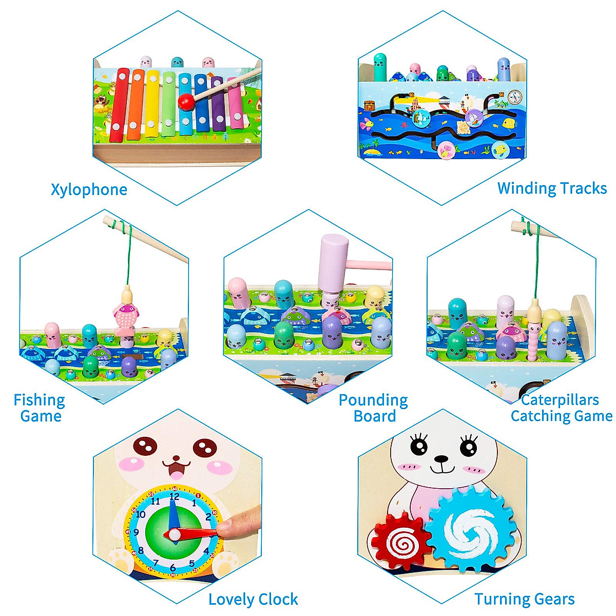 Aomola Wooden Hammering Pounding Toy Bench with Fishing Game, Xylophone, Moving Gears, Clock, Educational Montessori Musical Toys Gifts for Toddlers Kids Baby Boys Girls