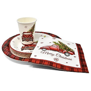 Gift Boutique Christmas Red Truck Party Supply Table Set 24 9" Dinner Plate 24 7" Plate 24 9 Oz Cups 24 Lunch Napkin for Xmas Pickup Trucks with Tree & Buffalo Plaid Disposable Paper Dinner Décor