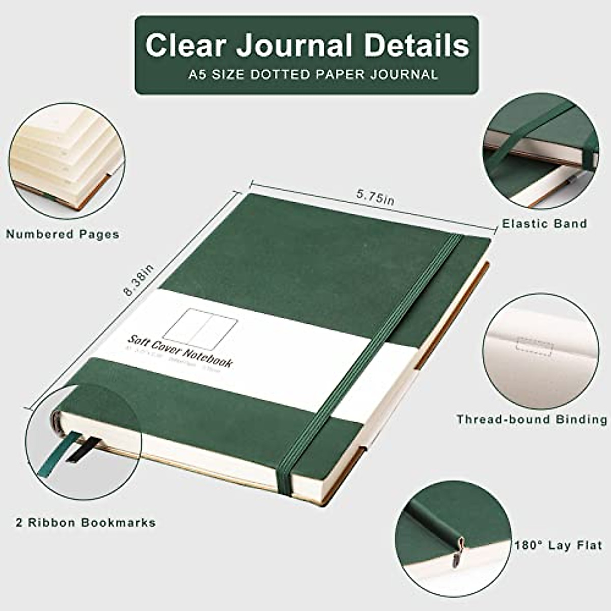AHGXG Dotted Bullet Grid Journal 2 Pack - A5 Dot Grid Notebook Softcover, Medium 5.75'' × 8.38'', 320 Numbered Pages, 120gsm Thick Dotted Paper, Soft Leather Cover (Black Green)