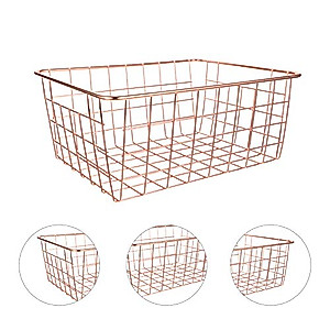 VOSAREA Iron Storage Basket Rose Gold Desktop Makeup Toiletries Basket Table Sundries Storage Organizer Multifunctional Container for Books Magazine Food Snack Clothes Toys 28x22cm