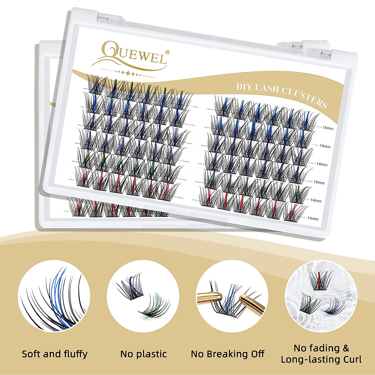 QUEWEL Cluster Lashes 72 Pcs Wide Stem Colored Eyelash Clusters& Lash Bond And Seal, Lash Cluster Glue For DIY Eyelash Extensions