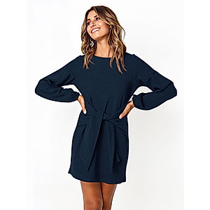 PRETTYGARDEN Women's Elegant Long Lantern Sleeve Short Dress Crewneck Tie Waist Knit Cocktail Dress(Navy,X-Large)