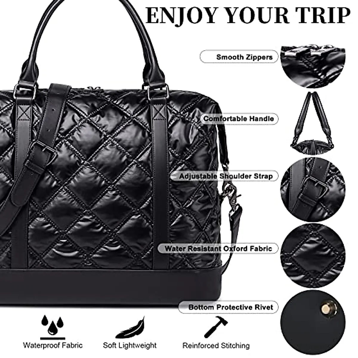 LEDAOU Weekender Travel Overnight Bag Women Ladies Quilted Carry On Tote Duffle Bag with Luggage Sleeve (Quilted Black)