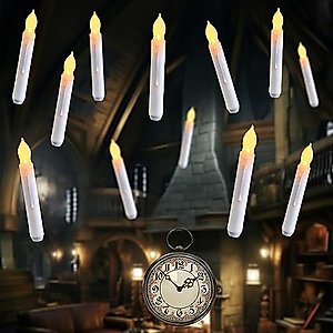 Raycare 12pcs LED Flameless Taper Candles with 6H Automatic Timer, 0.79×6.5 Inches Battery Operated Fake Candles with Warm Yellow Flickering Light, Dripless Candles for Window Themed Party Decorations