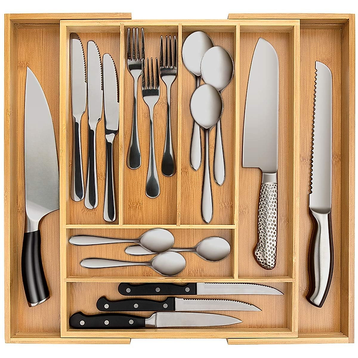 Realm Bamboo Deep Expandable Silverware Organizer | Neatly Stow Cutlery and Utensils in this 6 to 8 Compartment Flatware Tray | Designed For Better Kitchen Drawer Organization | Natural Color Holder