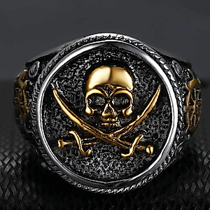 Jude Jewelers Stainless Steel Antique Vintage Skull Pirate Knife Death Halloween Cocktail Party Biker Ring (Silver Gold, 10)