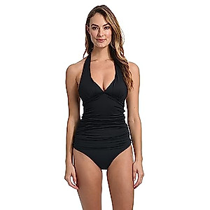 La Blanca Women's Standard Island Goddess Halter Tankini Swimsuit Top, Black, 14