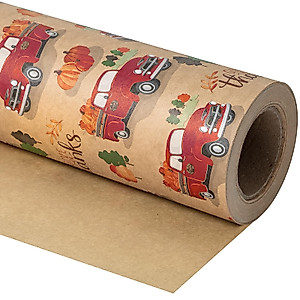 WRAPAHOLIC Kraft Thanksgiving Wrapping Paper Roll - Mini Roll - 17 Inch x 33 Feet - Car Pumpkins and Give Thanks Lettering Design, Perfect for Thanksgiving, Autumn, Party, Holiday