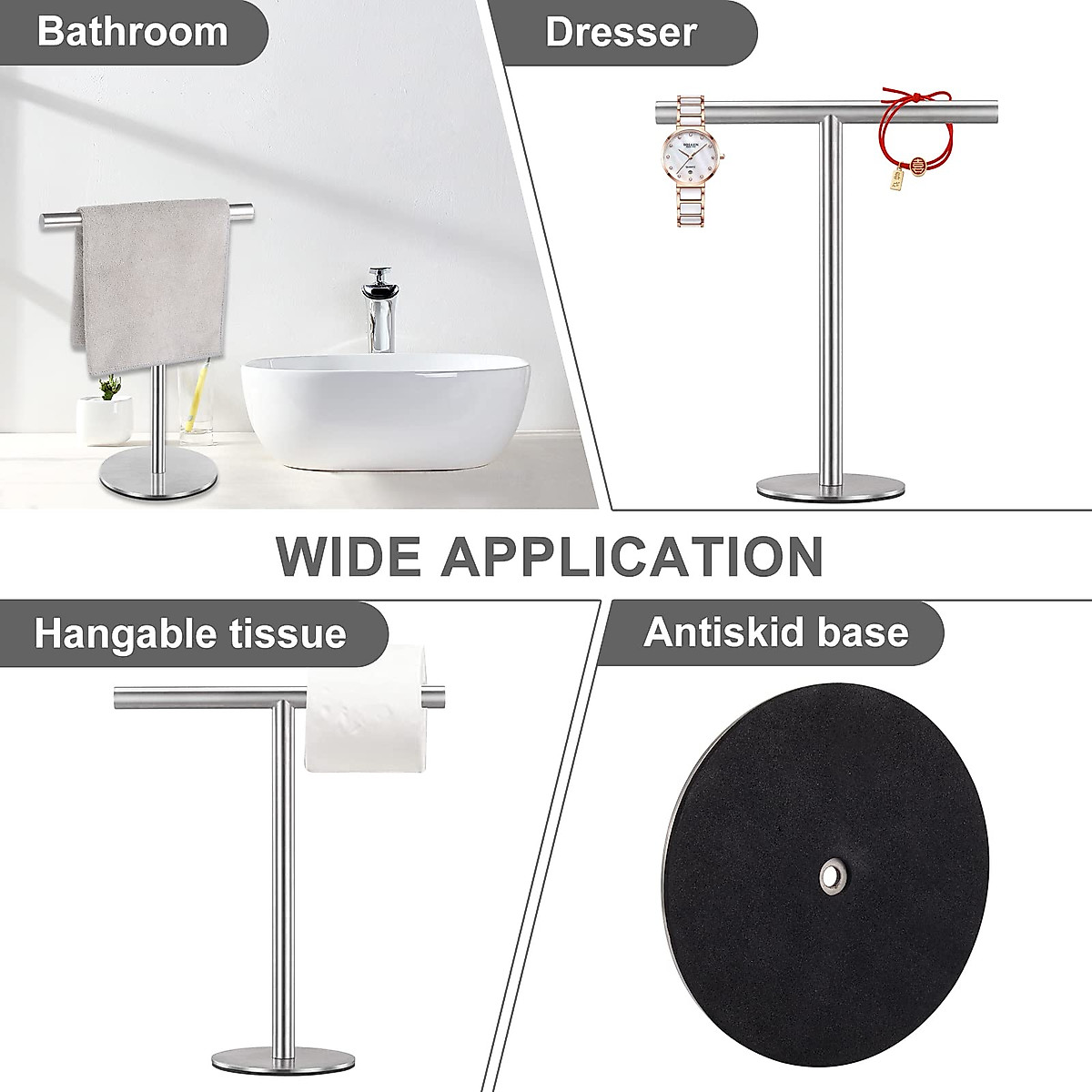 T-Shape Hand Towel Holder - Standing Hand Towel Rack for Bathroom or Kitchen Countertops, with SUS304 Stainless Steel Brushed Finish, Minimalist Style