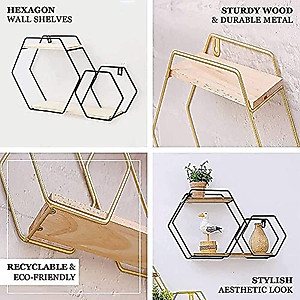 Fasyou Hexagon Floating Shelves Cute Gold Honeycomb Shelves Wall Mounted Shelves with Metal Bracket Rustic Solid Wood Wall Shelves for Living Room,Bedroom,Gold