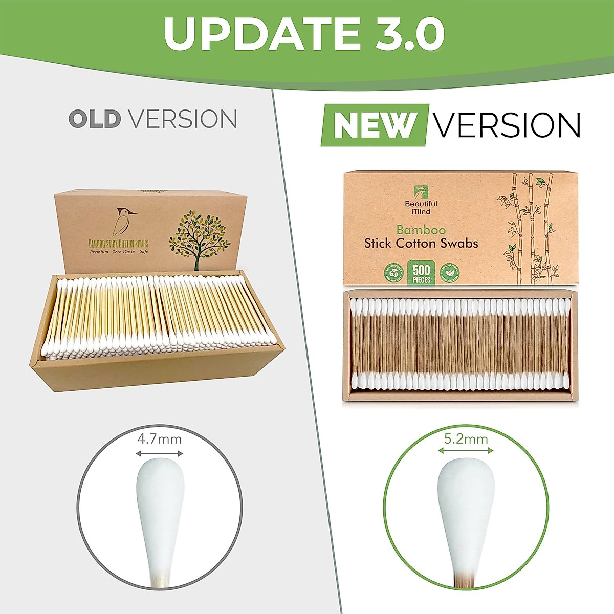 Beautiful Mind Bamboo Cotton Swabs for Ears – 500 Pack – Qtips with Carbonized Bamboo for Durability – Eco-Friendly, Biodegradable & Vegan – 100% Organic Cotton Ear Swabs for Makeup