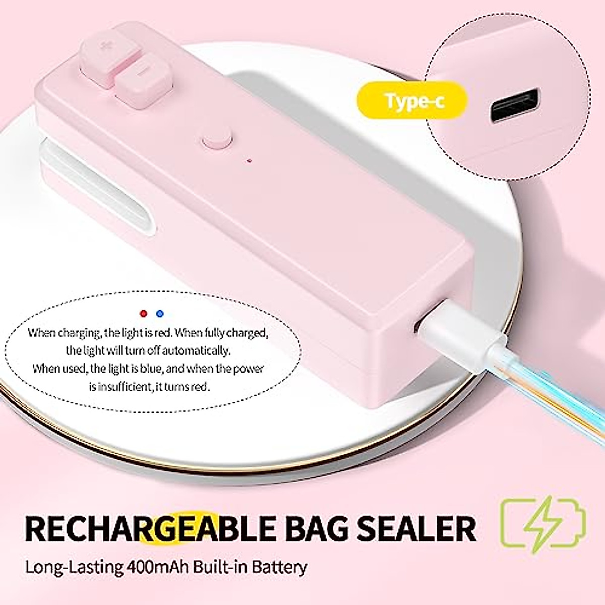 Bag Sealer Mini, 3 in 1 Mini Bag Sealer Heat Seal with Cutter & Magnet, Rechargeable Mini Chip Bag Vacuum Sealer Machine for Reseal Plastic Bags & Keep Snacks Fresh, Portable Kitchen Gadget (PINK)