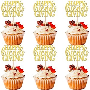 24 PCS Happy Friendsgiving Cupcake Toppers Glitter Fall Theme Thanksgiving Cupcake Picks Give Thanks Cake Decorations for Happy Thanksgiving Day Theme Birthday Party Supplies