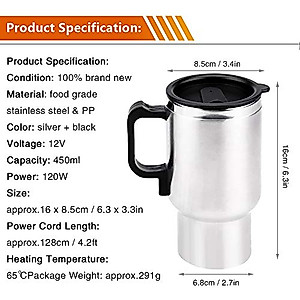12V 450ml Electric Car Cup Travel Heating Cup,Stainless Steel Electric Insulated Plug Kettles Boiling Car Coffee Mug Heater with Cigarette Lighter,