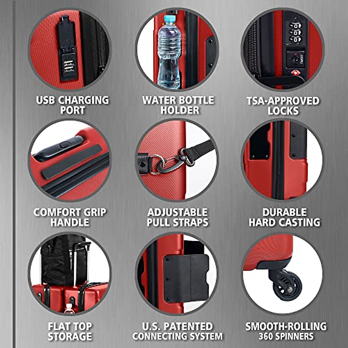 Tach V3 3-Piece Hardcase Connectable Luggage & Carryon Travel Bag Set | Rolling Suitcase with Patented Built-In Connecting System | Easily Link & Carry 9 Bags At Once (wine red)