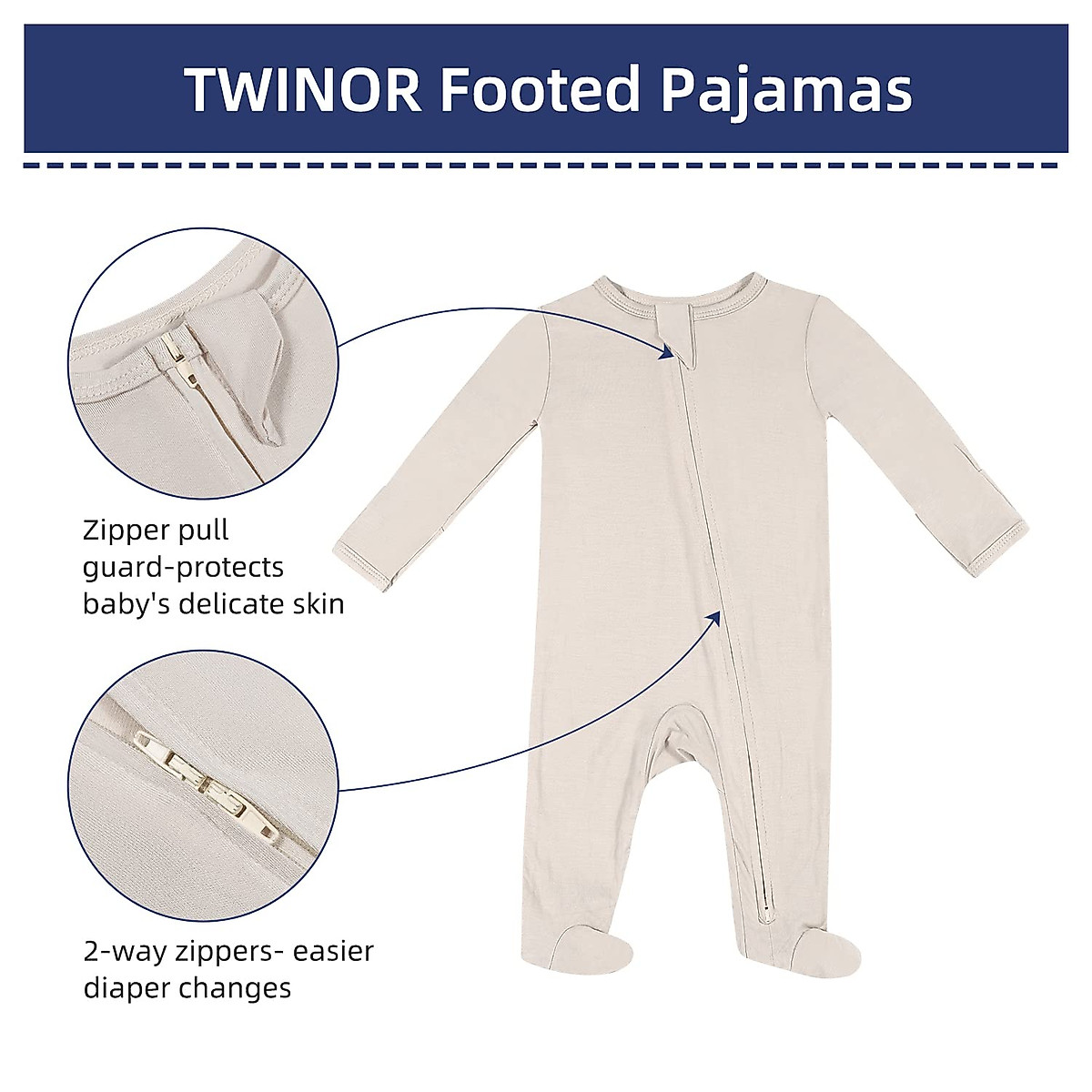 TWINOR Baby Footed Pajamas with Mittens, Soft Bamboo Viscose One-Piece Romper for Newborn Infant (light sand, 0-3 Months)
