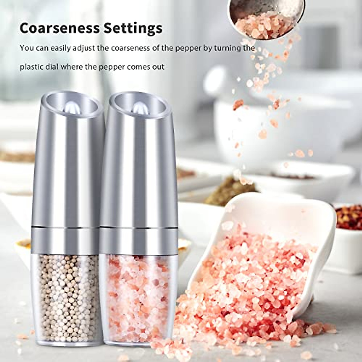 EasyCom Gravity Salt and Pepper Mill Set, Battery Powered with LED Light, Adjustable Coarseness, One Hand Automatic Pepper Mill for Kitchen and BBQ, 2 Pack, Silver