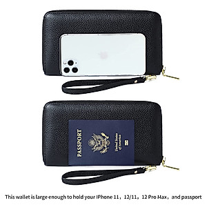 Seammer Women's RFID Blocking Leather Zip Around Wallet Clutch Large Phone Holder Wristlet Travel Purse (Black)