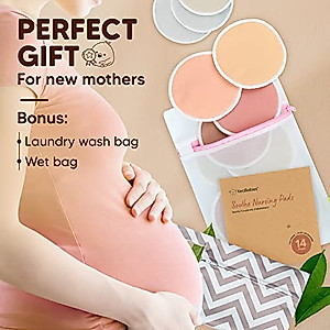 Reusable Nursing Pads for Breastfeeding, 14-Pack - 4-Layers Organic Bamboo Nursing Pads - Breastfeeding Pads - Washable Breast Pads - Natural Bamboo Maternity Pads (Lovelle, Large 4.8")