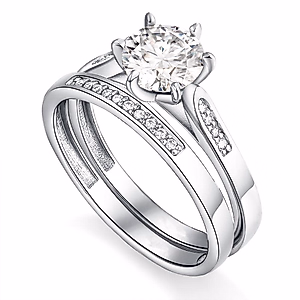 Bridal Sets Wedding Rings for Women 6-Prong Wedding Ring Set Platinum Plated Silver, 1 Carat Center Moissanite Engagement Ring Set Anniversary Promise Rings with Text Enfraving（size 7