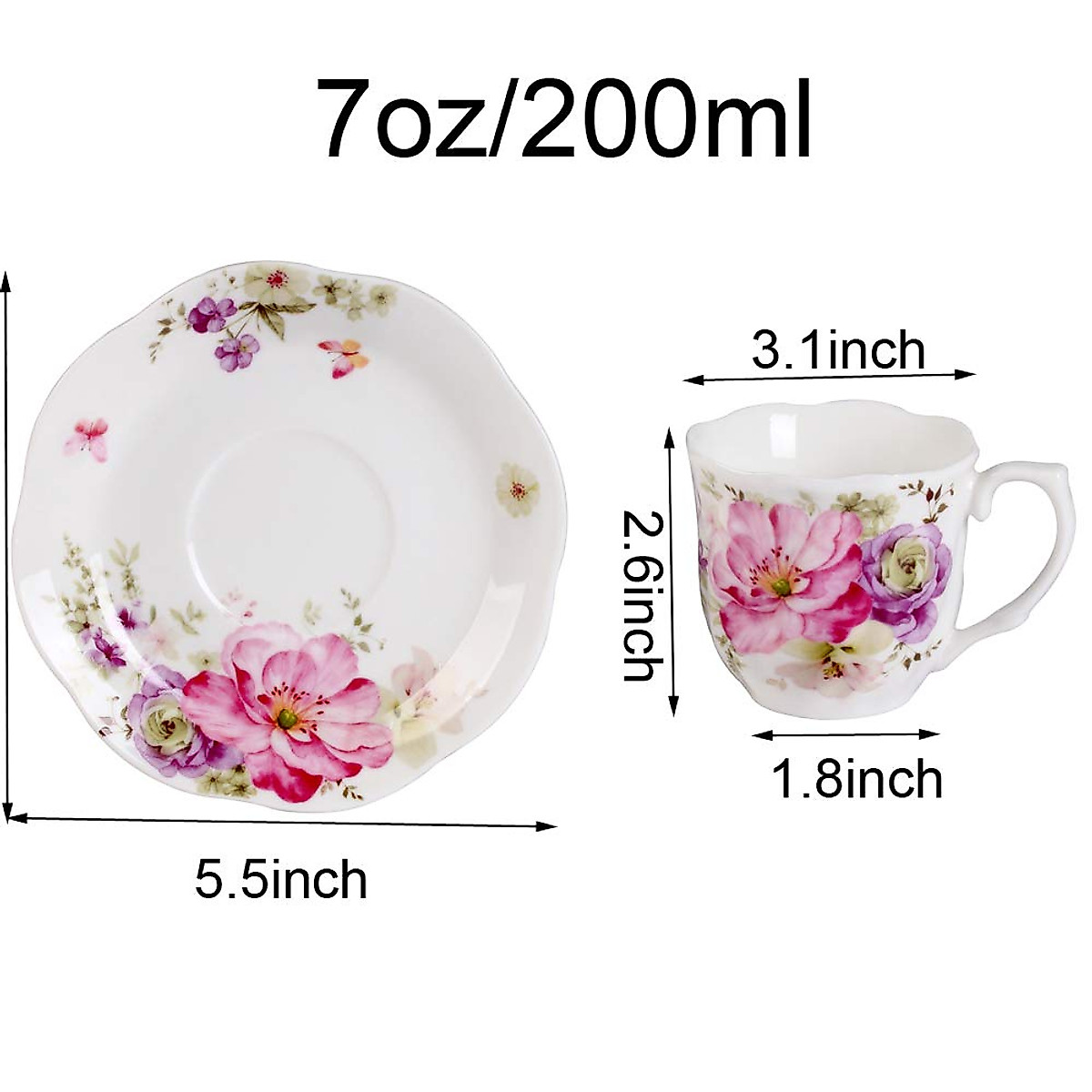 GuangYang GY 12 PCS Tea Set - 7oz New Bone China tea Cups and Saucers with Pink Flower Pattern Porcelain Cups for Mocha Cappuccino Tea and coffee