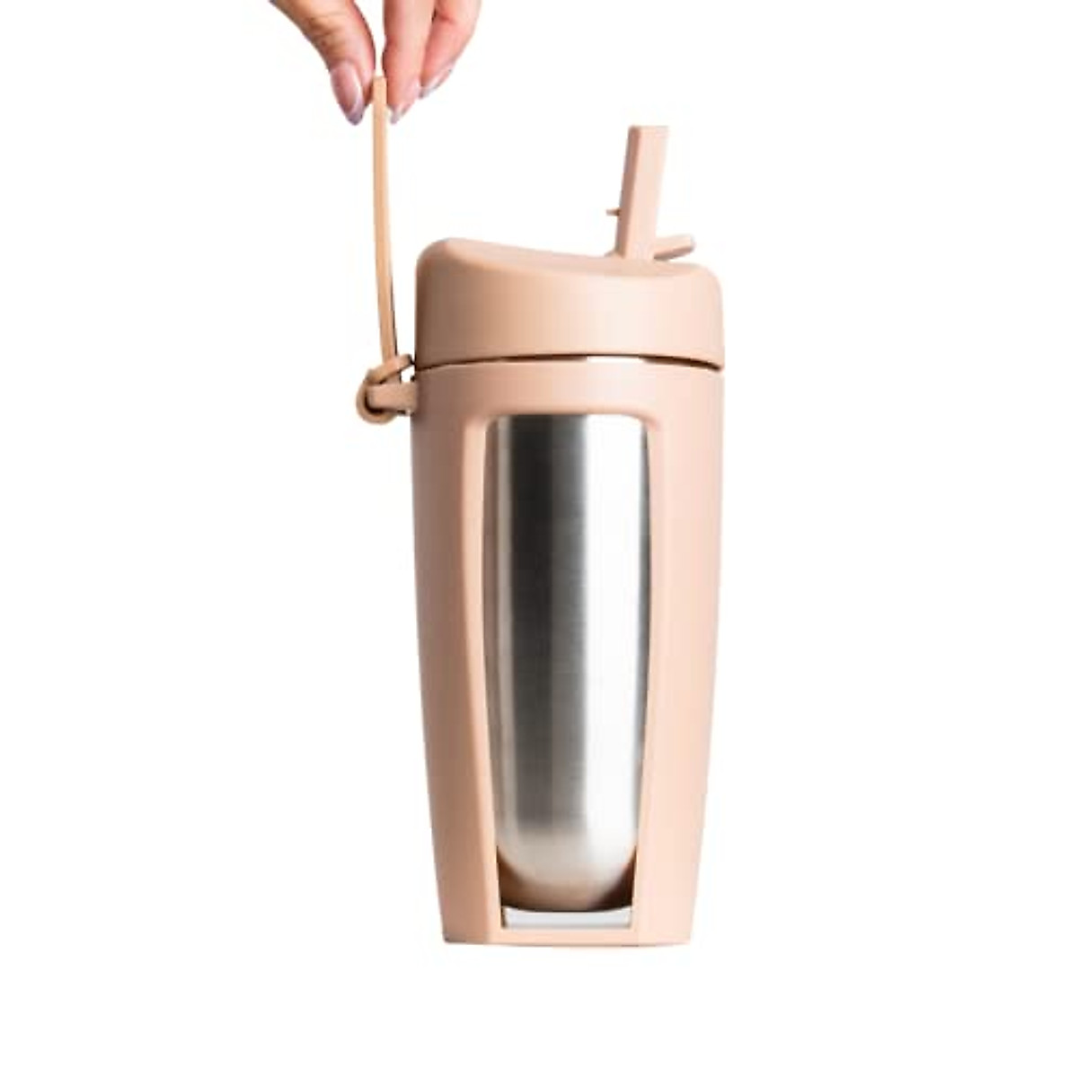 3rdphix Unique Shaped Insulated Stainless Steel Water Bottle, Sweat Proof, Built in Straw, Carry Handle, Hot or Cold Liquids, BPA Free Protein Shaker Bottle, Perfect for Gym 25 OZ / 750ML (Beige)