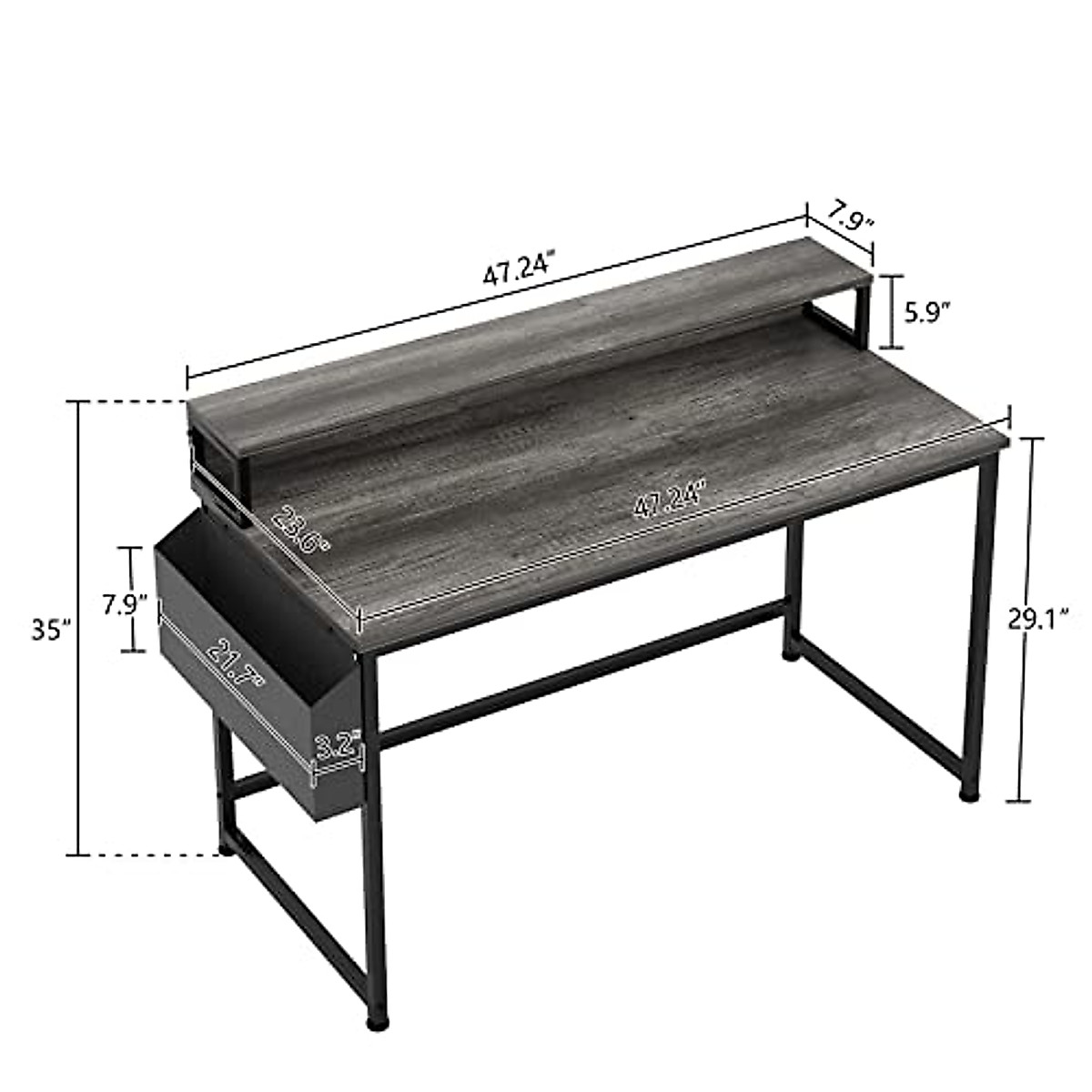 MUTUN 47" Computer Desk, Home Office Desks, Modern Writing Desk with Monitor Stand, PC Desk with Storage Bag and Hook, Grey Oak