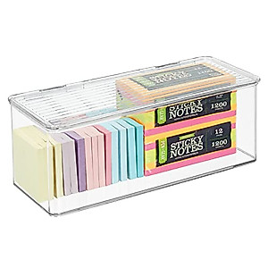 mDesign Plastic Stackable Storage Organizer Box with Hinged Lid - Long Home Office Holder Supply Bin for Note Pads, Gel Pens, Staples, Tape, Highlighters, or Dry Erase Markers - Clear