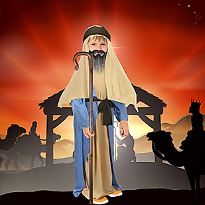 Patelai 6 Pcs Child Shepherd Costume Kids Child Costume with Robe Lining Scarf Sash Cane Beard for Halloween Cosplay(Medium)