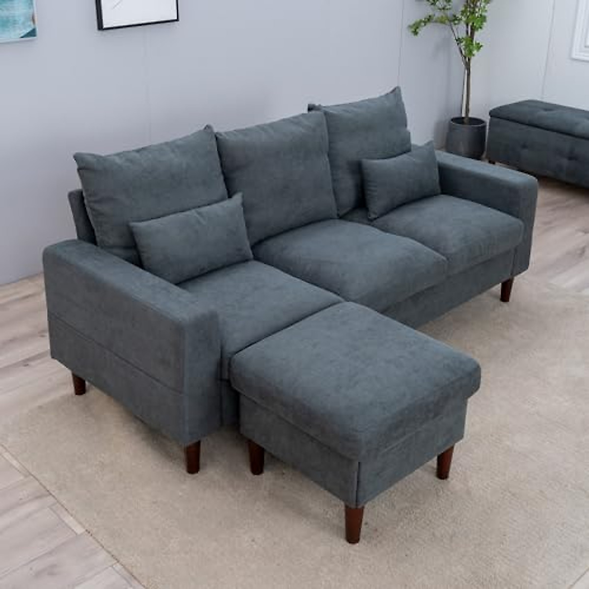 Panana 3-Seat Sofa Couch with Reversible Back Cushions Modern Fabric Sofa 3 Seater Couch for Small Apartment (Grey, 3 Seater with Ottoman Stool)