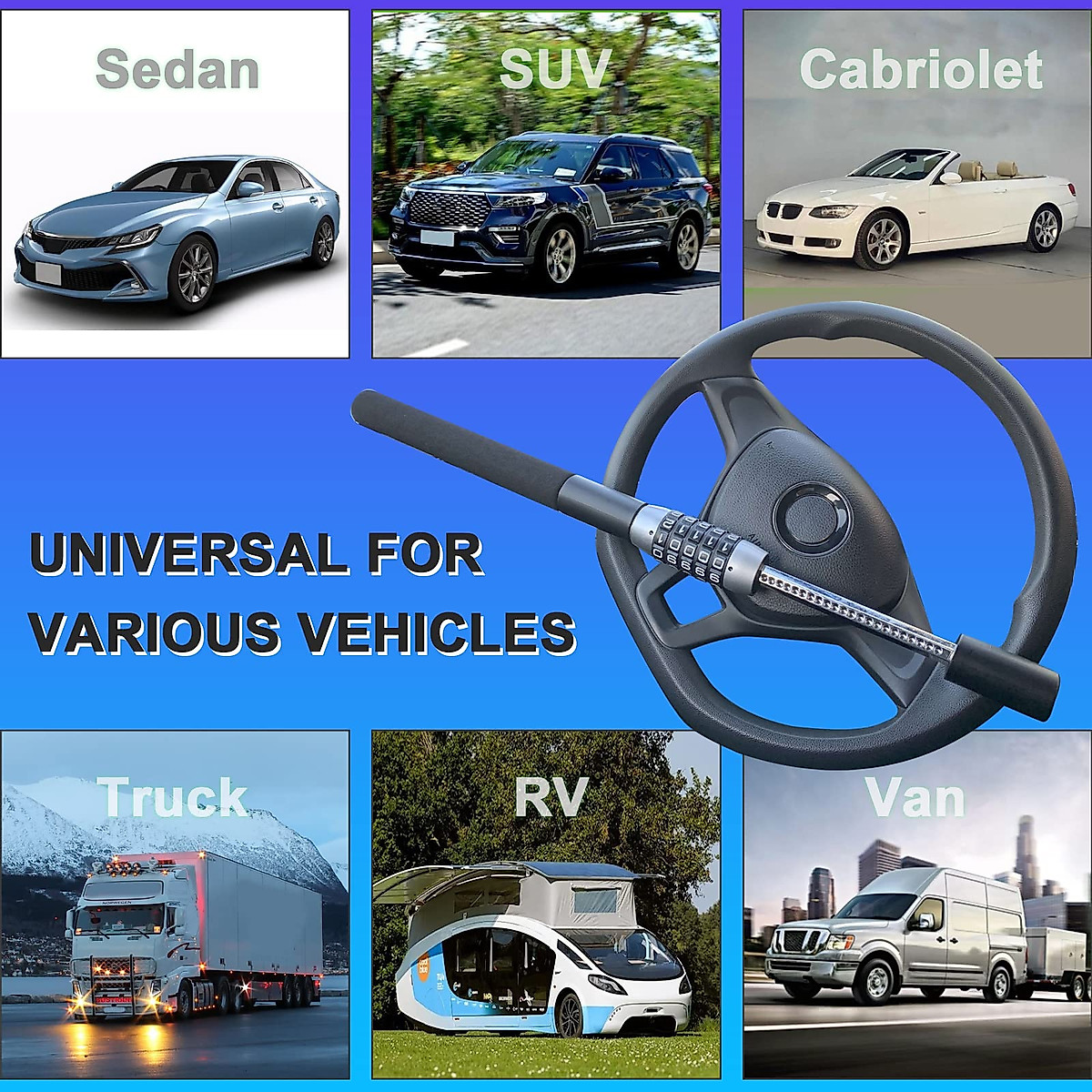 Vechkom Steering Wheel Lock Keyless Password Code Heavy Duty Security Anti Theft Steel for Vehicle Car Truck Van SUV