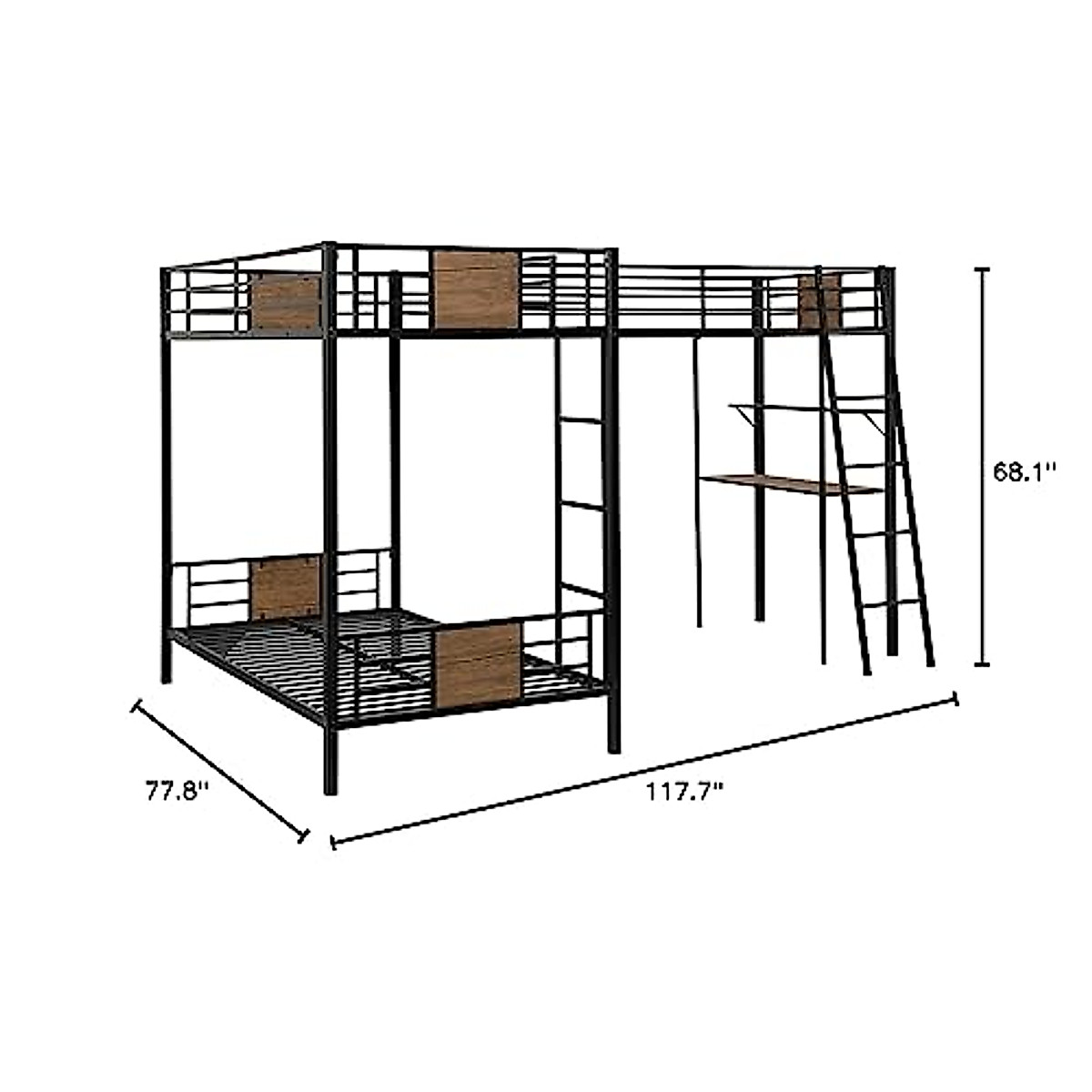 MOEO L-Shaped Twin Over Twin Metal Bunk Bed with Twin Size Loft Bedframe w/Desk and Shelf for 3 Kids, Adults, Bedroom, Bunkbed Attached, No Box Spring Need, Black