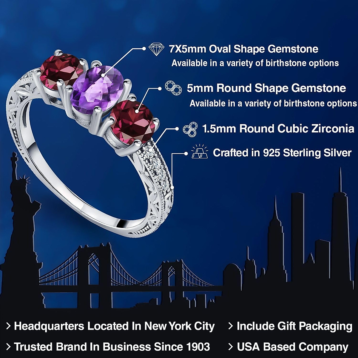 Gem Stone King 925 Sterling Silver Purple Amethyst and Red Rhodolite Garnet Engagement Ring For Women (2.07 Cttw, Oval Checkerboard Cut 7X5MM, Available in size 5, 6, 7, 8, 9)