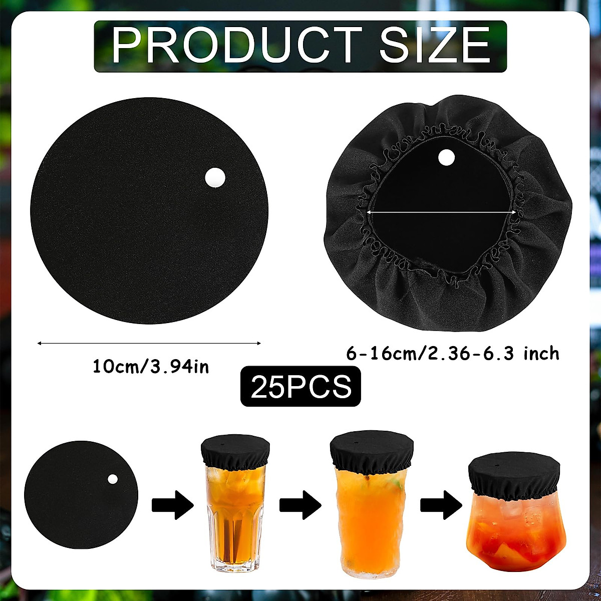 25pcs Universal Drink Covers Scrunchies, Elastic Stretchable Polyester Cup Cover for Alcohol Protection Safety with Straw Hole Reusable Drink Protector Cap for Women Girls Fits Most Glass Cups (Black)