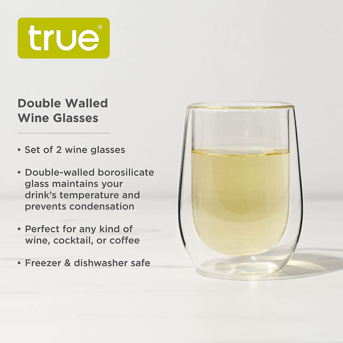 True Insulated Wine Glasses - Double Walled Stemless Wine Glass Set - Dishwasher Safe Borosilicate Glass 10oz Set of 2