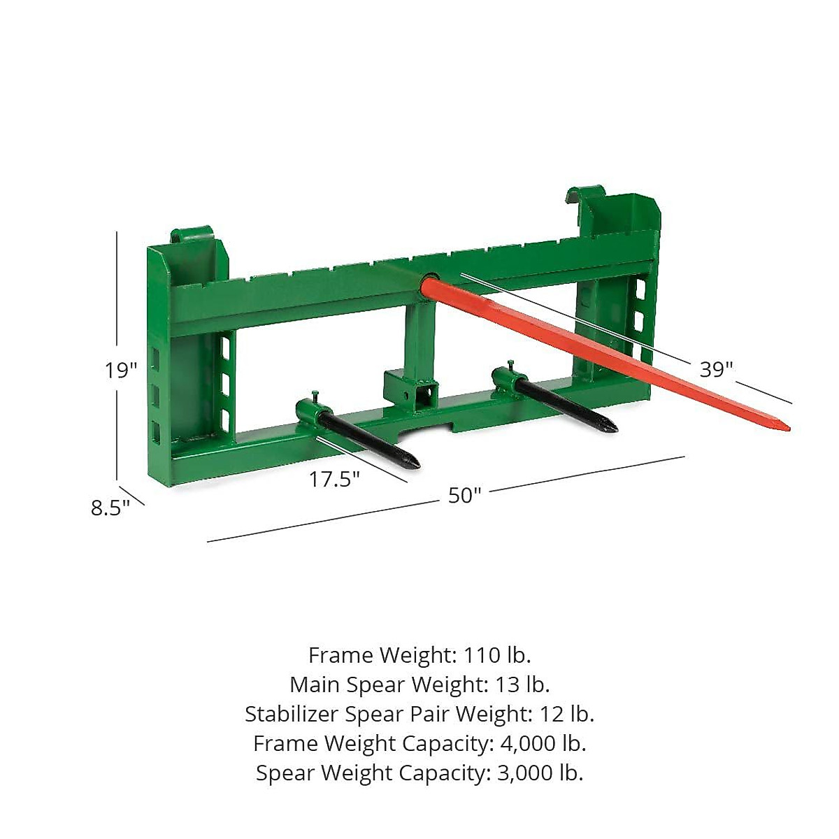 Titan Attachments Hay Frame Attachment, 39â€ Hay Bale Spear and Stabilizers, Rated 4,000 LB, Receiver Hitch, Fits John Deere Loaders